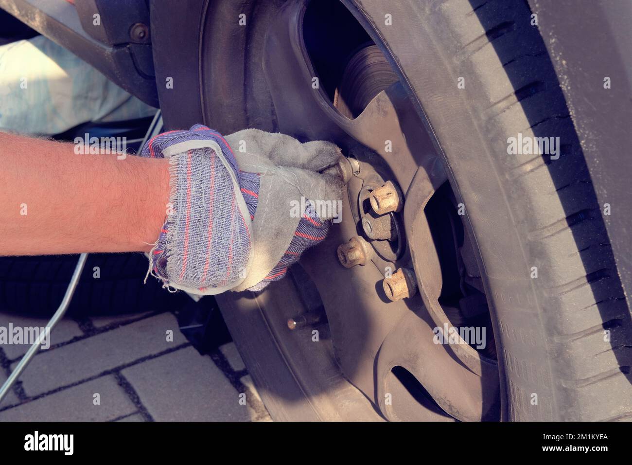 Car repair concept. Repair of a wheel on a passenger car. Wheels to fix ...