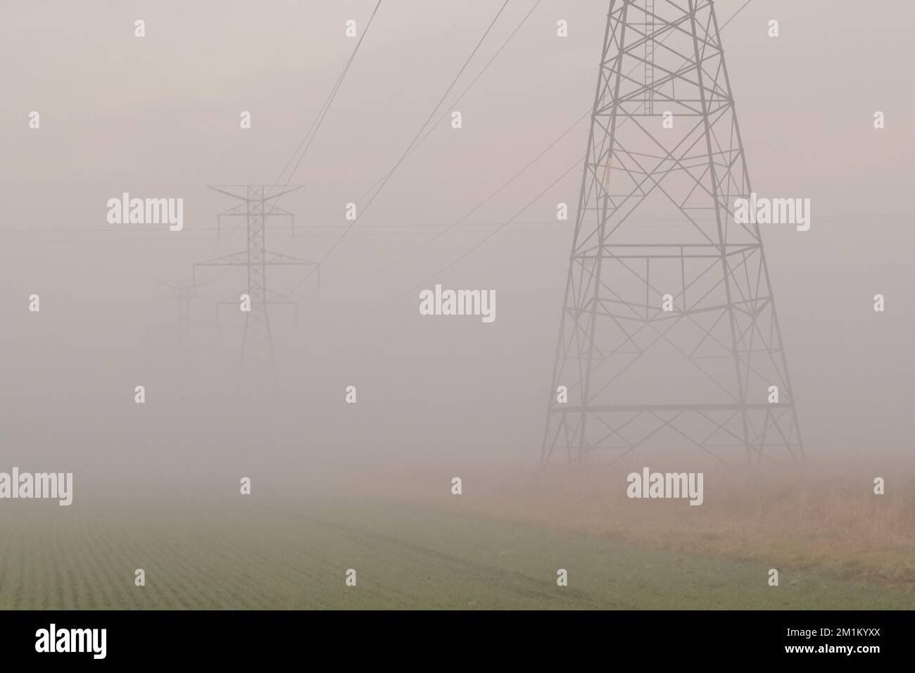 A beautiful shot of transmission towers lines fading in fog Stock Photo ...