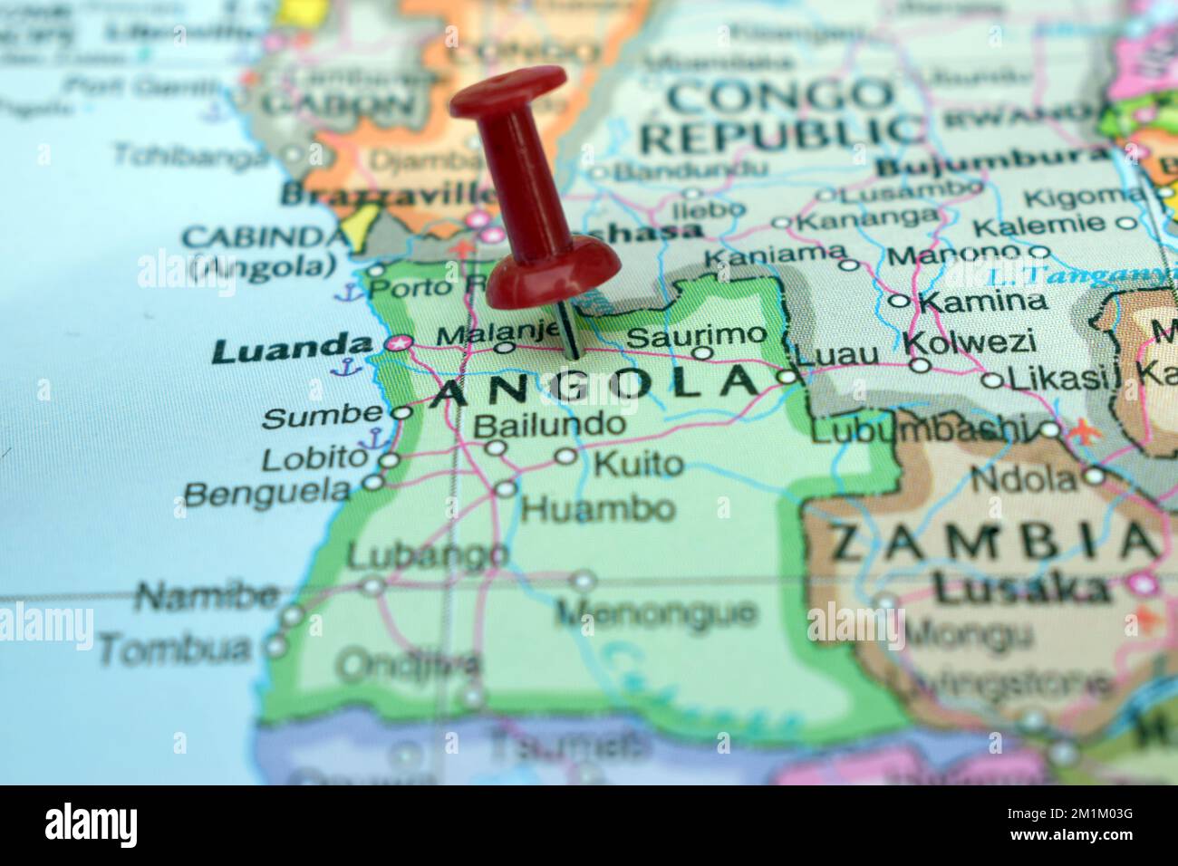 Red Push Pin Pointing on Location of Angola World Map Close-Up View ...