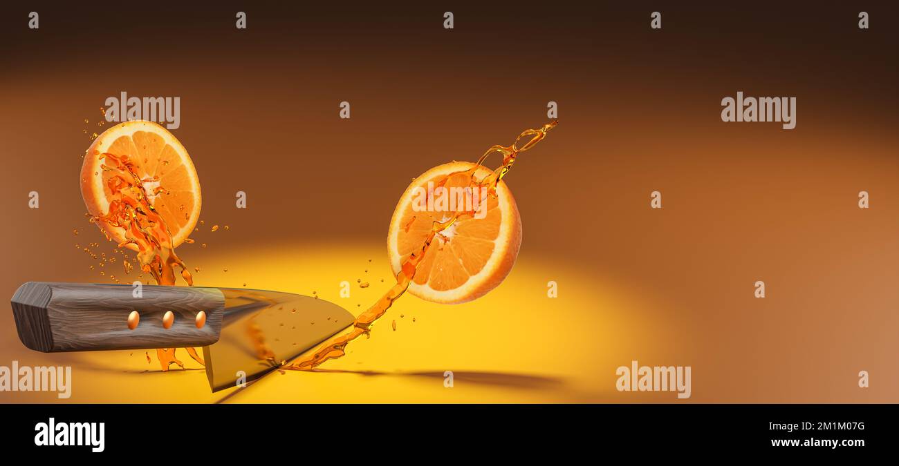 knife cutting chopping an orange fruit in half making a splash of ...