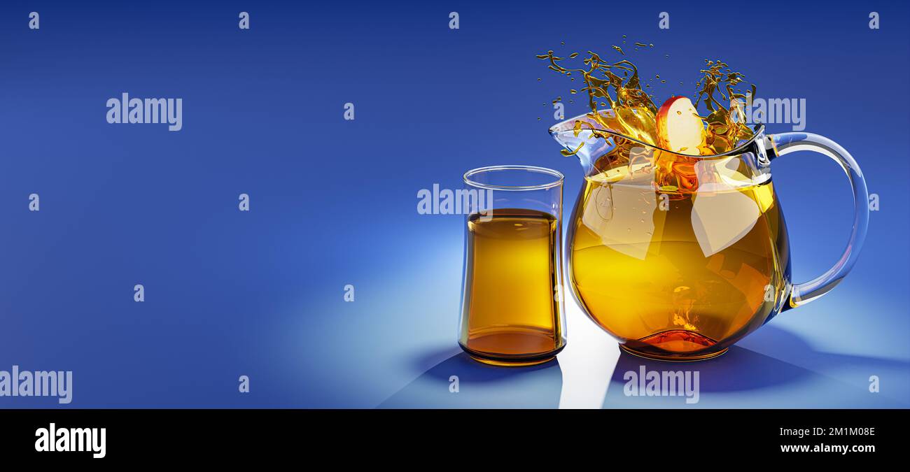 Half of an apple fruit dropped into a glass jug of apple juice making a ...