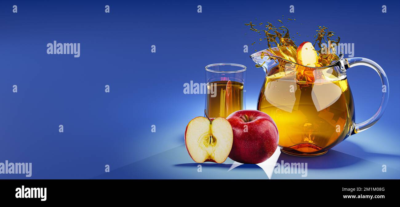 Half of an apple fruit dropped into a glass jug of apple juice making a ...