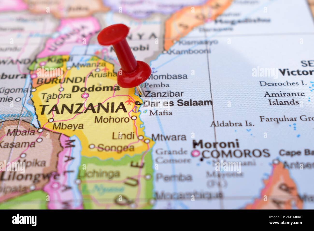 Red Push Pin Pointing on Location of Zanzibar World Map Close-Up View ...