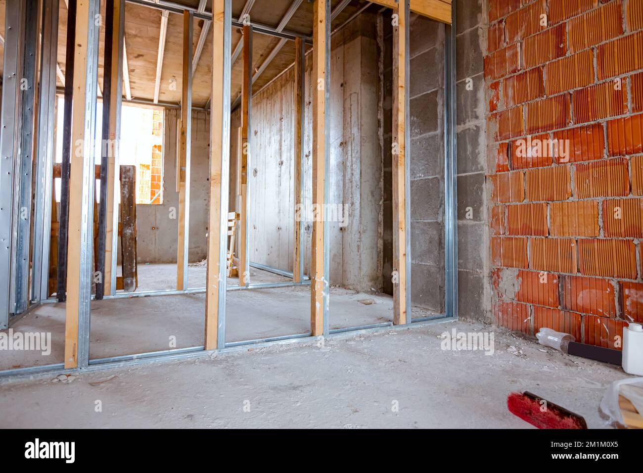 View at framework of metal and wooden vertical profile pillars for ...
