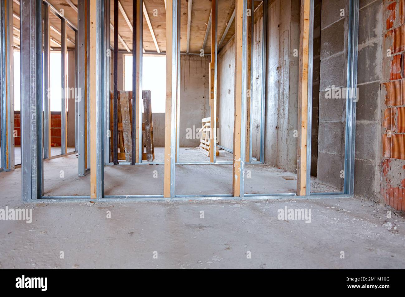 View at framework of metal and wooden vertical profile pillars for ...