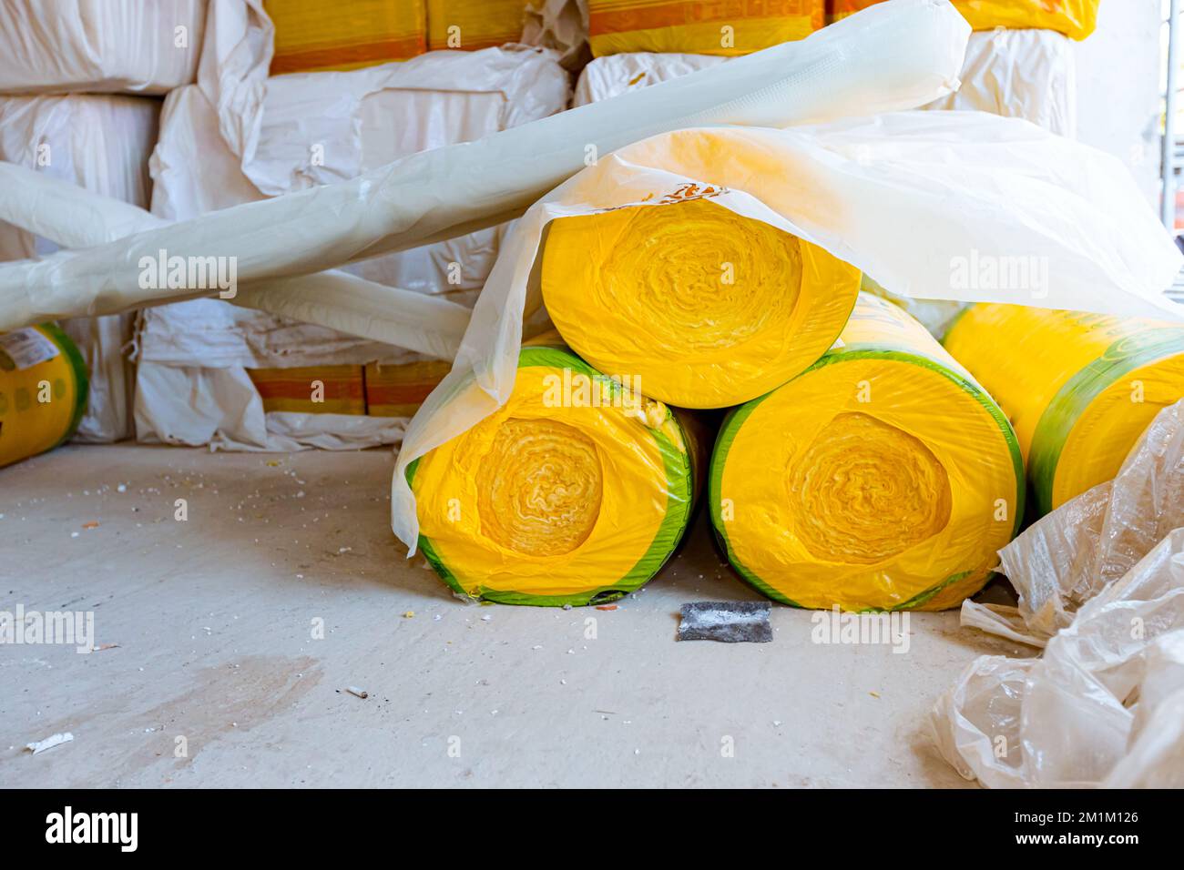Thermal insulation material in the warehouse, yellow rolled rock wool ...