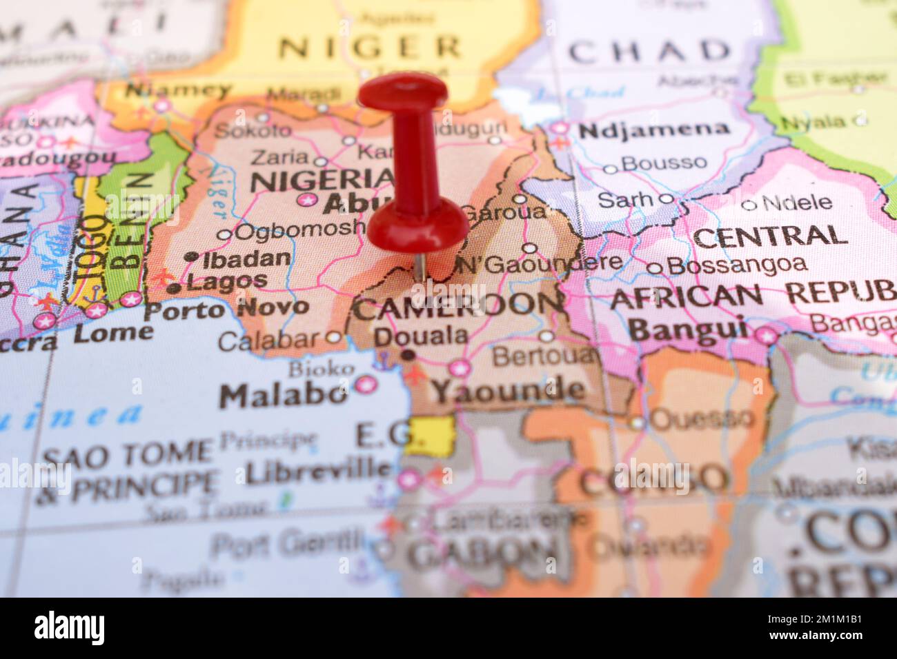 Red Push Pin Pointing on Location of Cameroon World Map Close-Up View ...