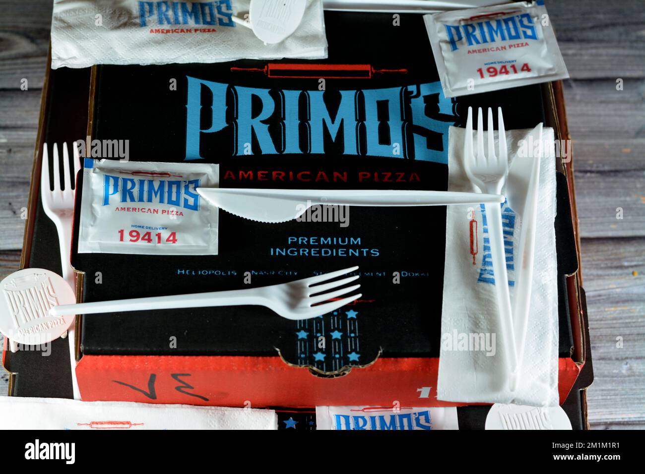 Cairo, Egypt, December 8 2022: Primo's Pizza is an American pizza known ...