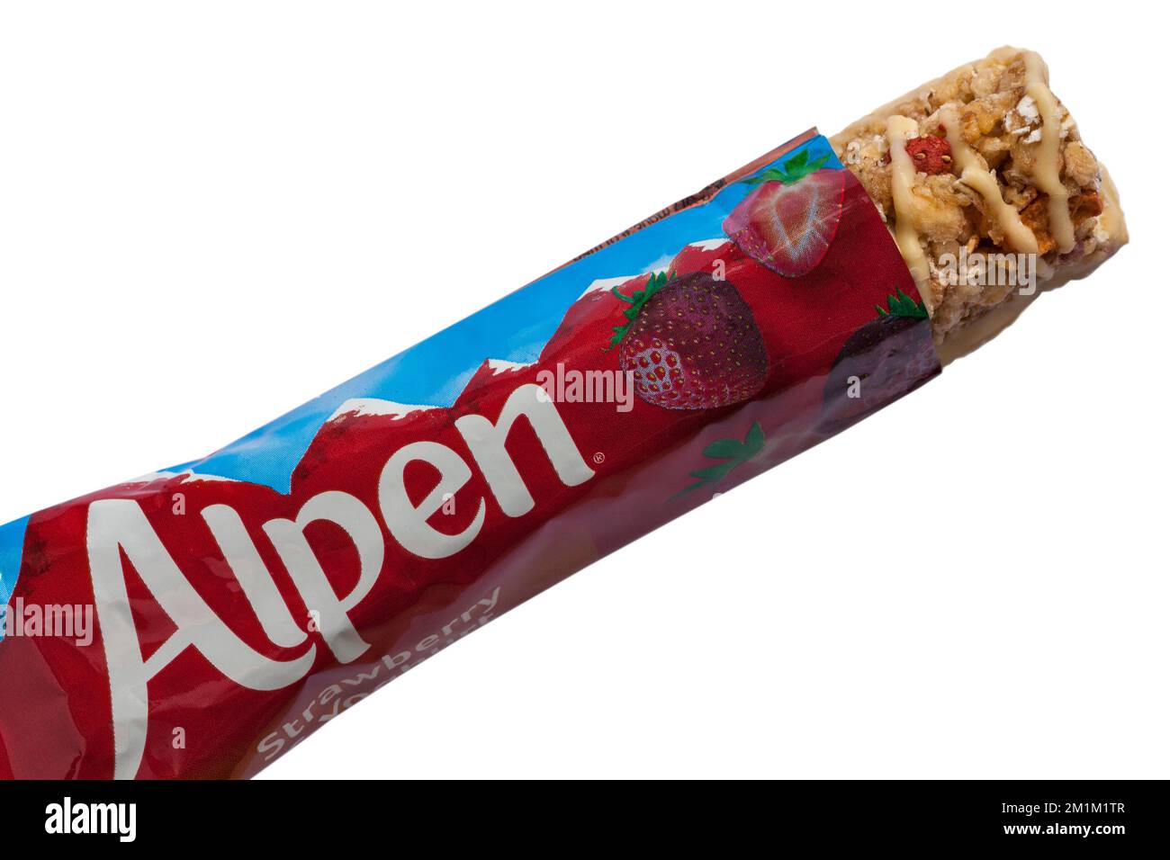 Alpen Strawberry & Yoghurt bar opened to show contents set on white ...