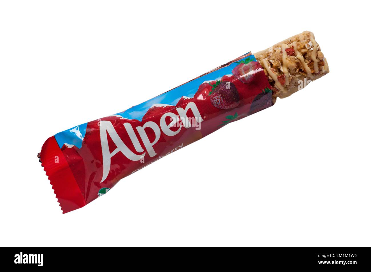 Alpen Strawberry & Yoghurt bar opened to show contents isolated on ...