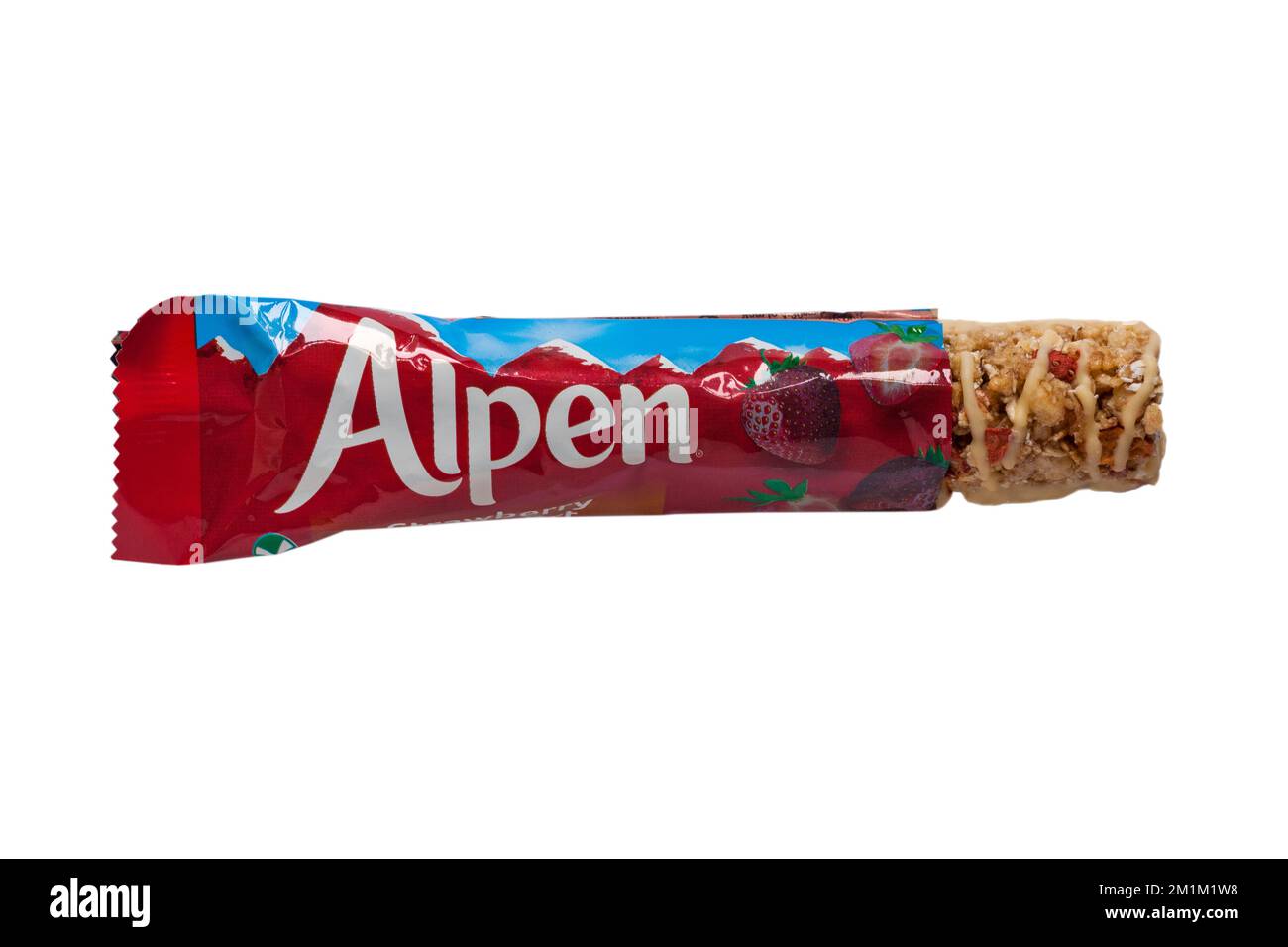 Alpen Strawberry & Yoghurt bar opened to show contents isolated on ...