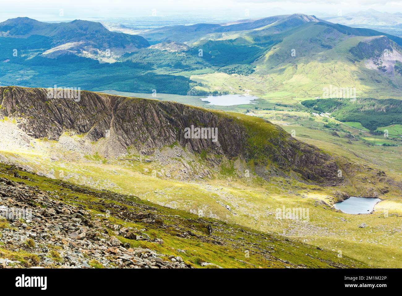 Climbing up mount Snowdon in North Wales. View of the hills and ...