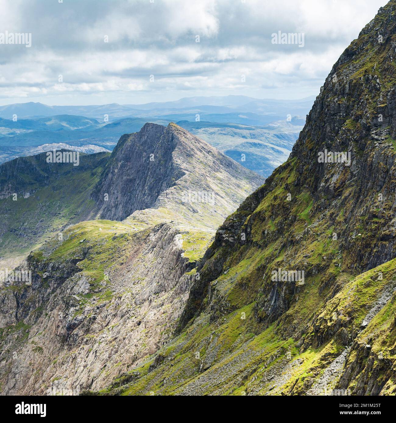Climbing up Snowdon, mountains in North Wales. View of the hills and ...