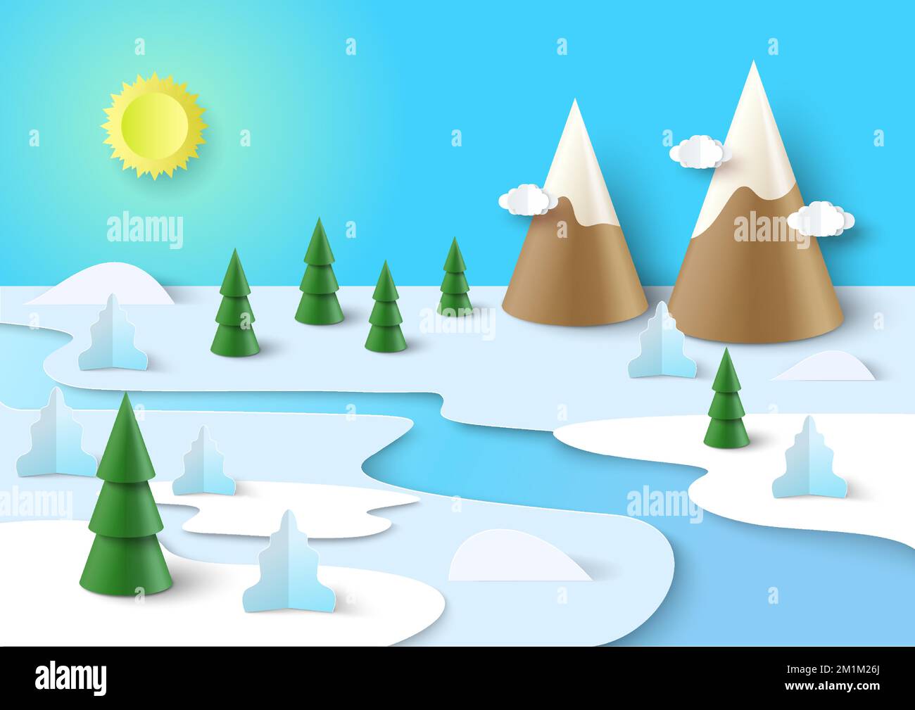 Papercut winter river vector mountain 3d landscape Stock Vector Image ...