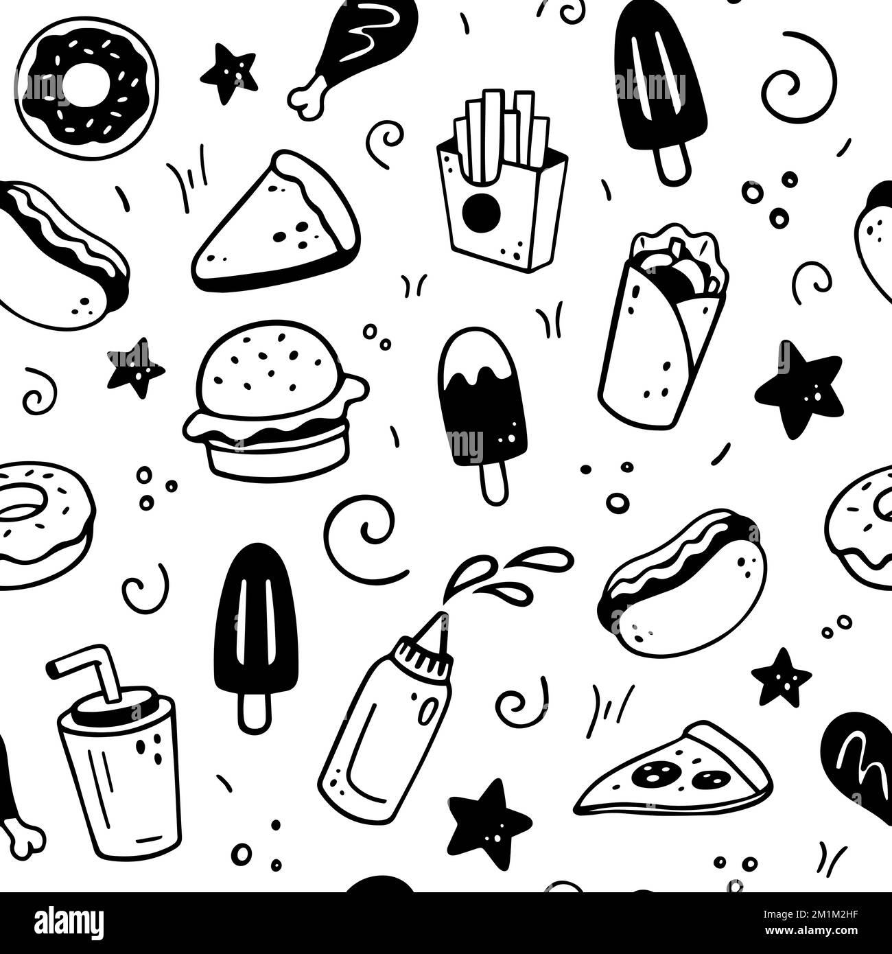 Hand drawn seamless pattern with fast food elements, burger, pizza, hot dog, ice cream, donut ...