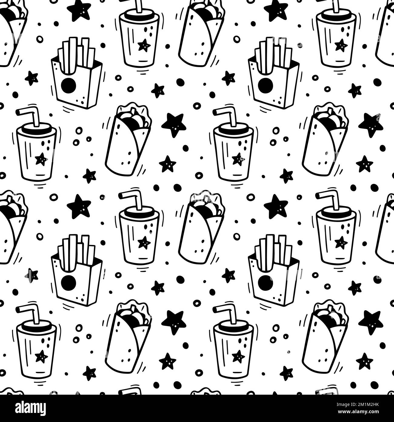 Hand drawn fast food combo seamless pattern. Comic doodle sketch style. Vector Fast food ...
