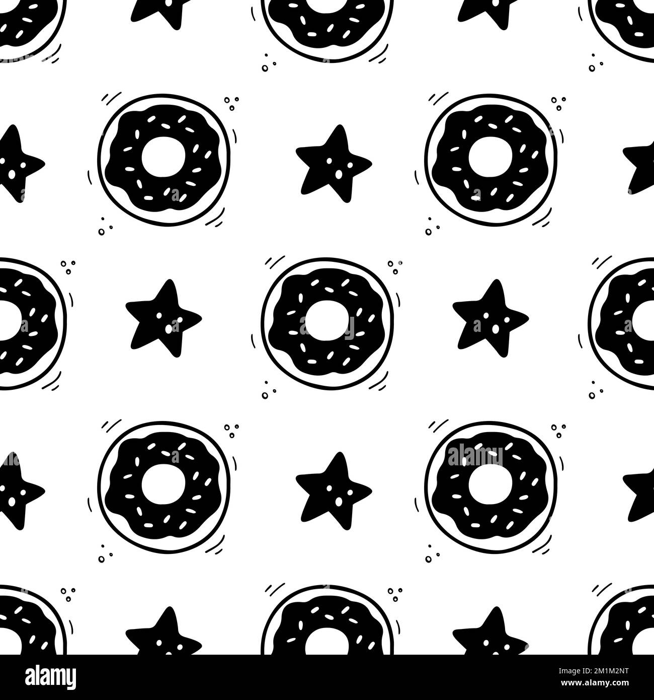 Donut seamless pattern. Hand drawn Sketch of doughnut and star. Fast food illustration in doodle ...
