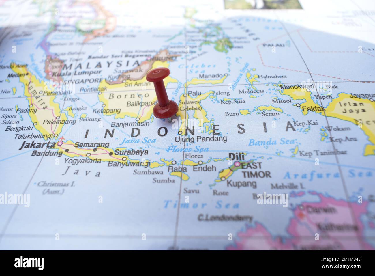 Red Push Pin Pointing on Location of Indonesia World Map Close-Up View ...