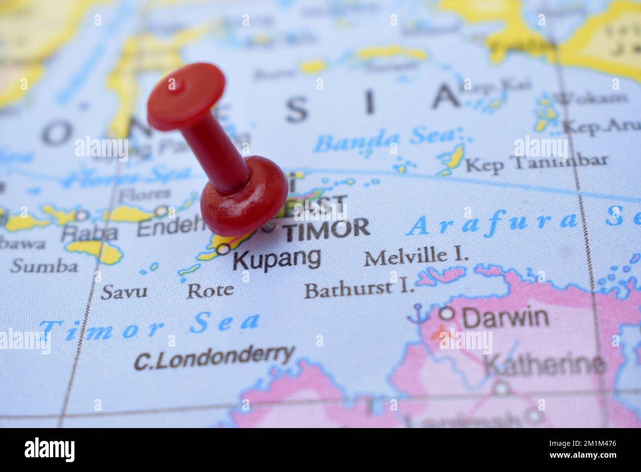 Red Push Pin Pointing on Location of East Timor World Map Close-Up View ...