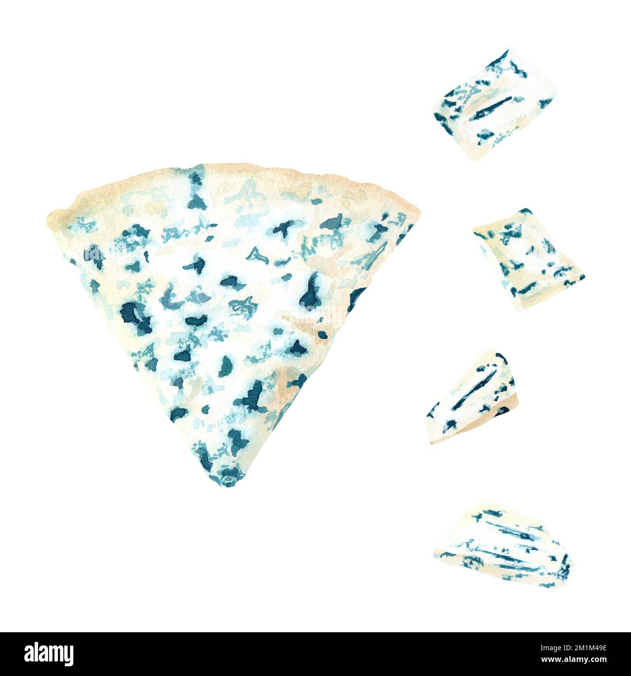 Blue sheese triangle and slices set. Watercolor food illustration ...