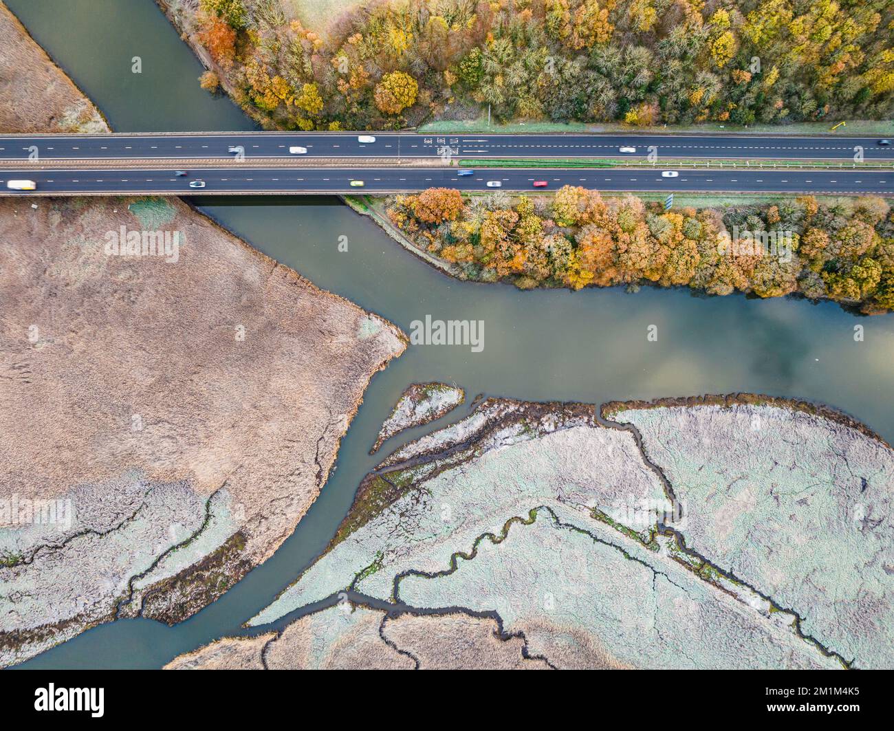 Top Down view over Marshland of River Teign shrouded in frost at ...