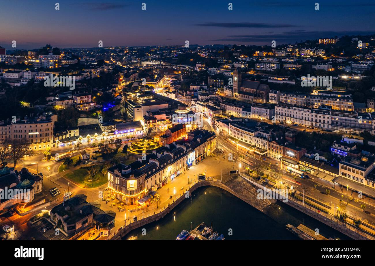 Night over Torquay Marina from a drone, English Riviera, Torbay, Devon ...