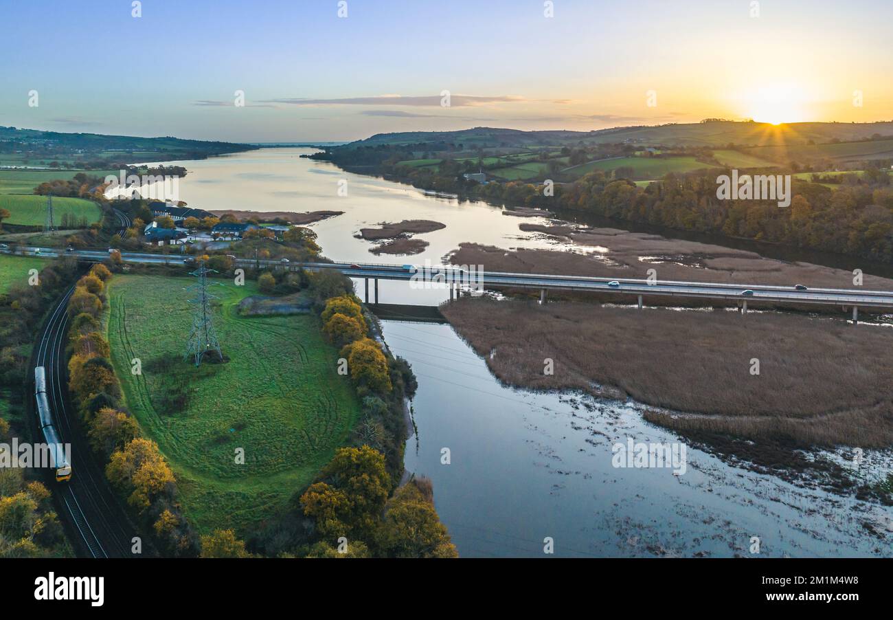 Sunrise over Newton Abbot Bridge and River Teign from a drone, Newton ...