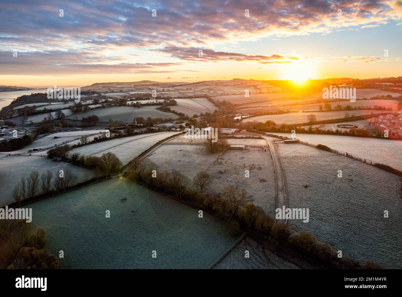 Sunrise over Fields and River Teign from a drone, Newton Abbot, Devon ...
