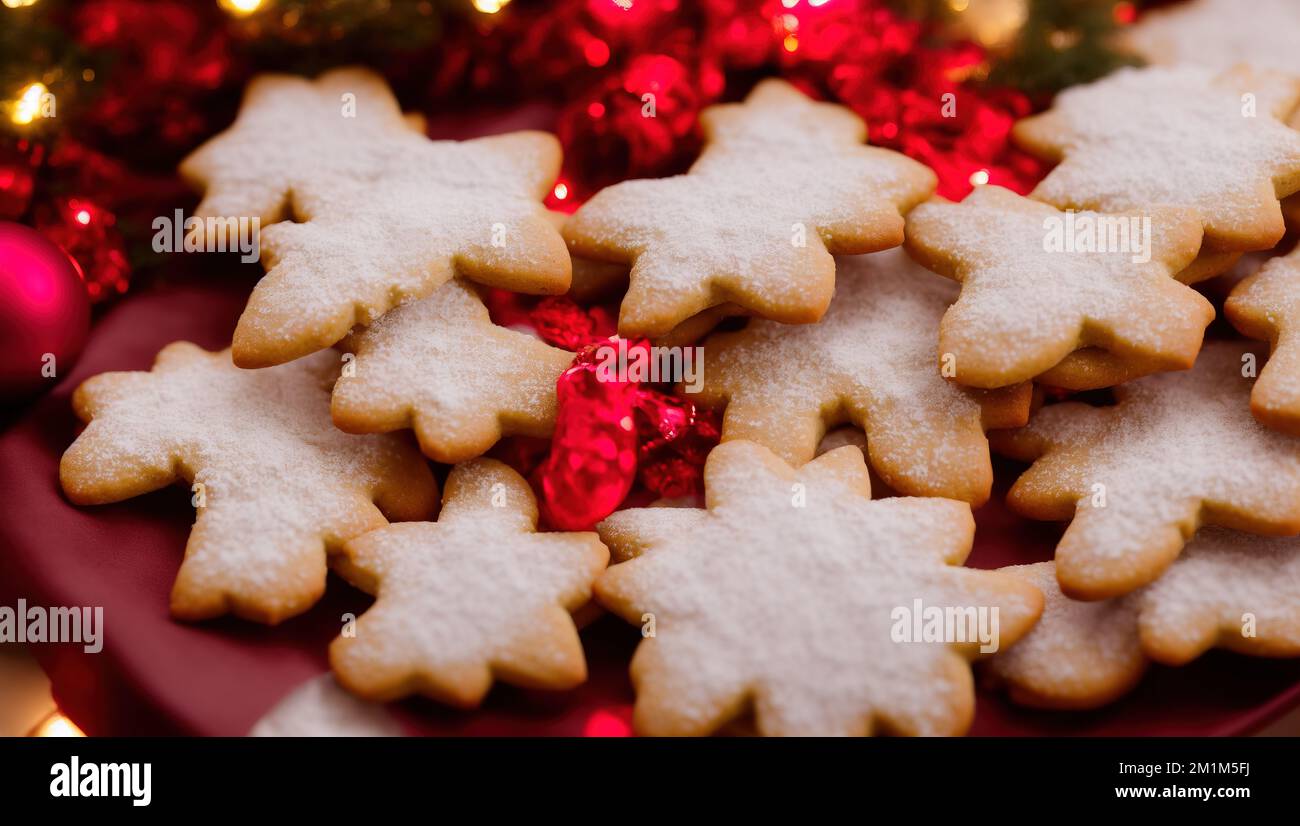 A closeup shot of Christmas sugar cookies with festive decorations and ...