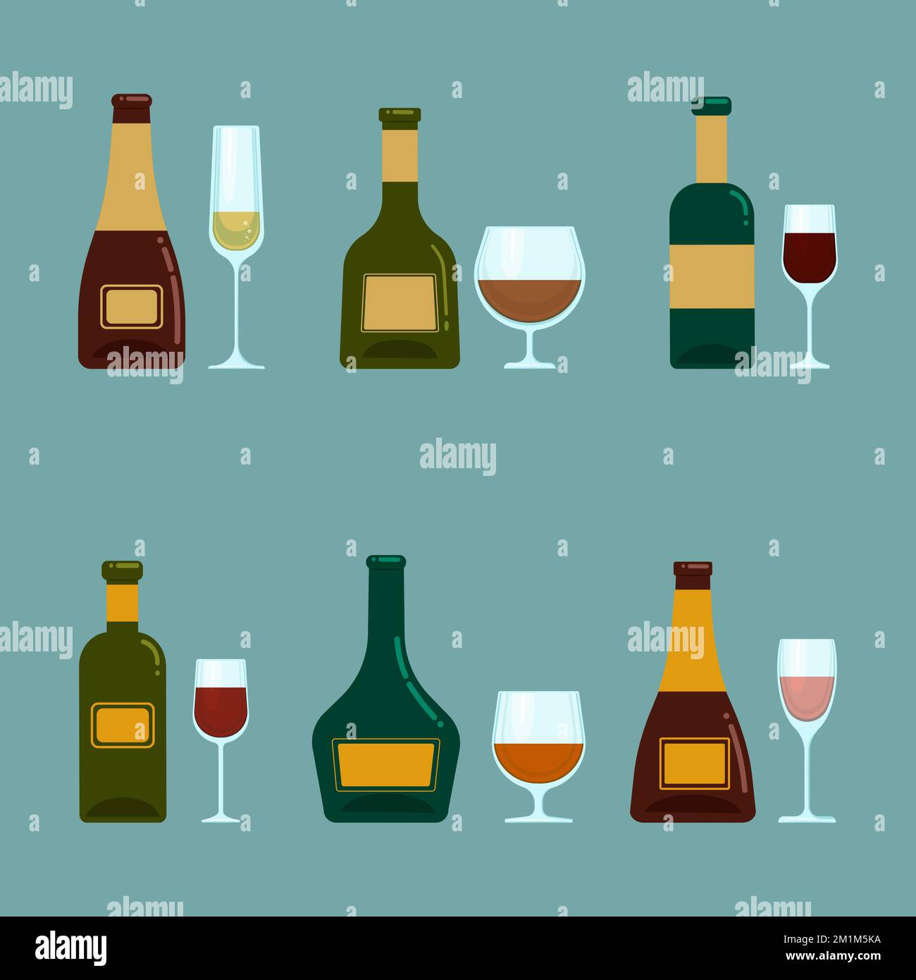A set of bottles with alcohol and various glasses. Vector objects in ...