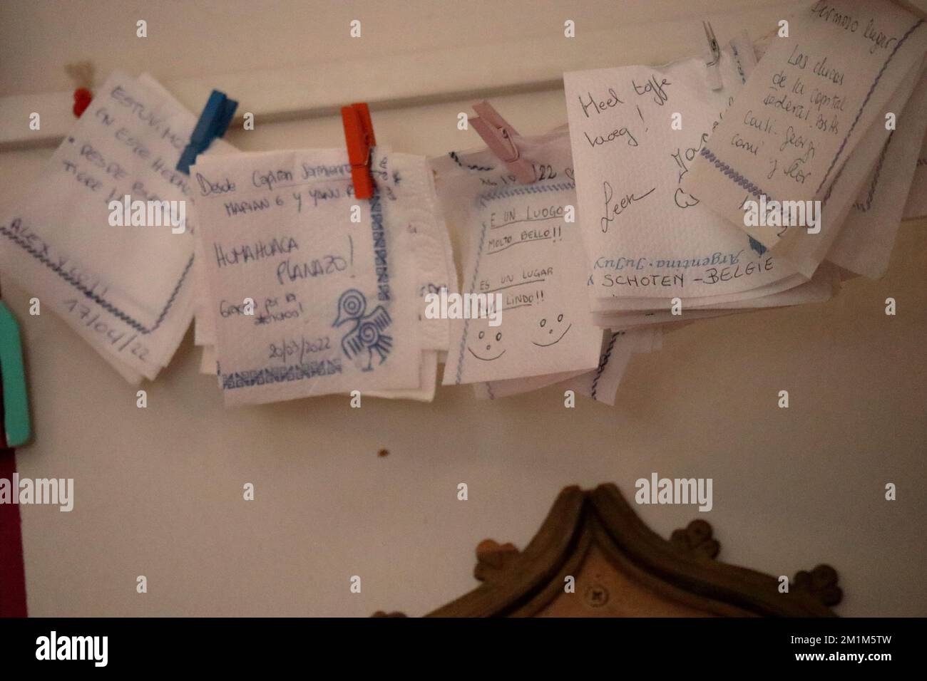 Clothesline with hanging messages inside a bar in argentina Stock Photo ...