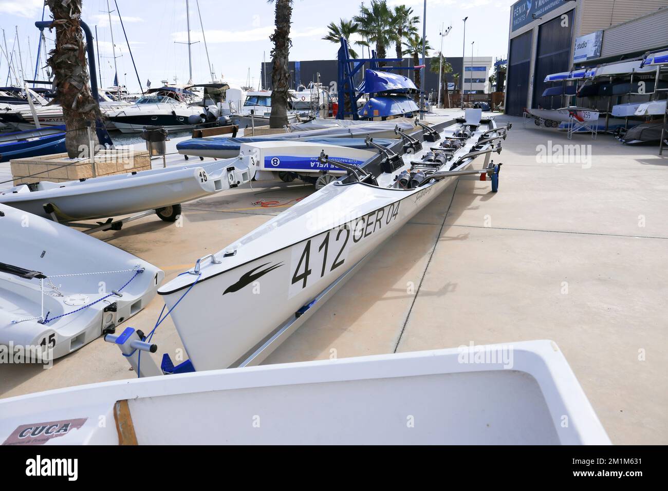 Santa Pola, Alicante, Spain- December 13, 2022: Rowing boats in the ...