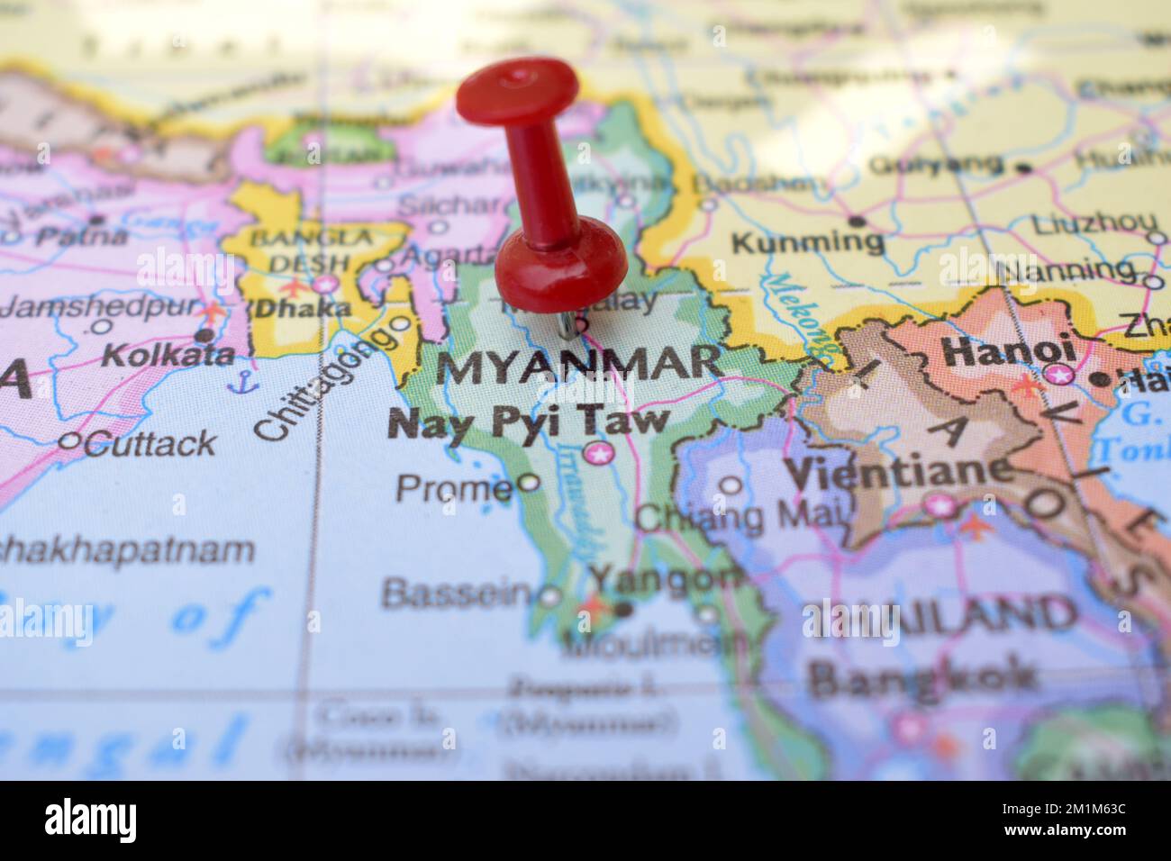 Red Push Pin Pointing on Location of Myanmar World Map Close-Up View ...