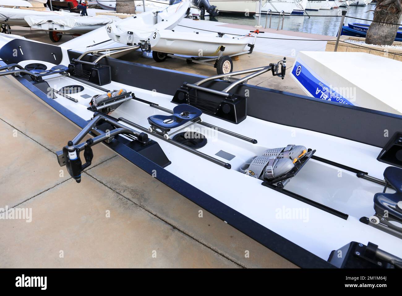 Santa Pola, Alicante, Spain- December 13, 2022: Rowing boats in the ...