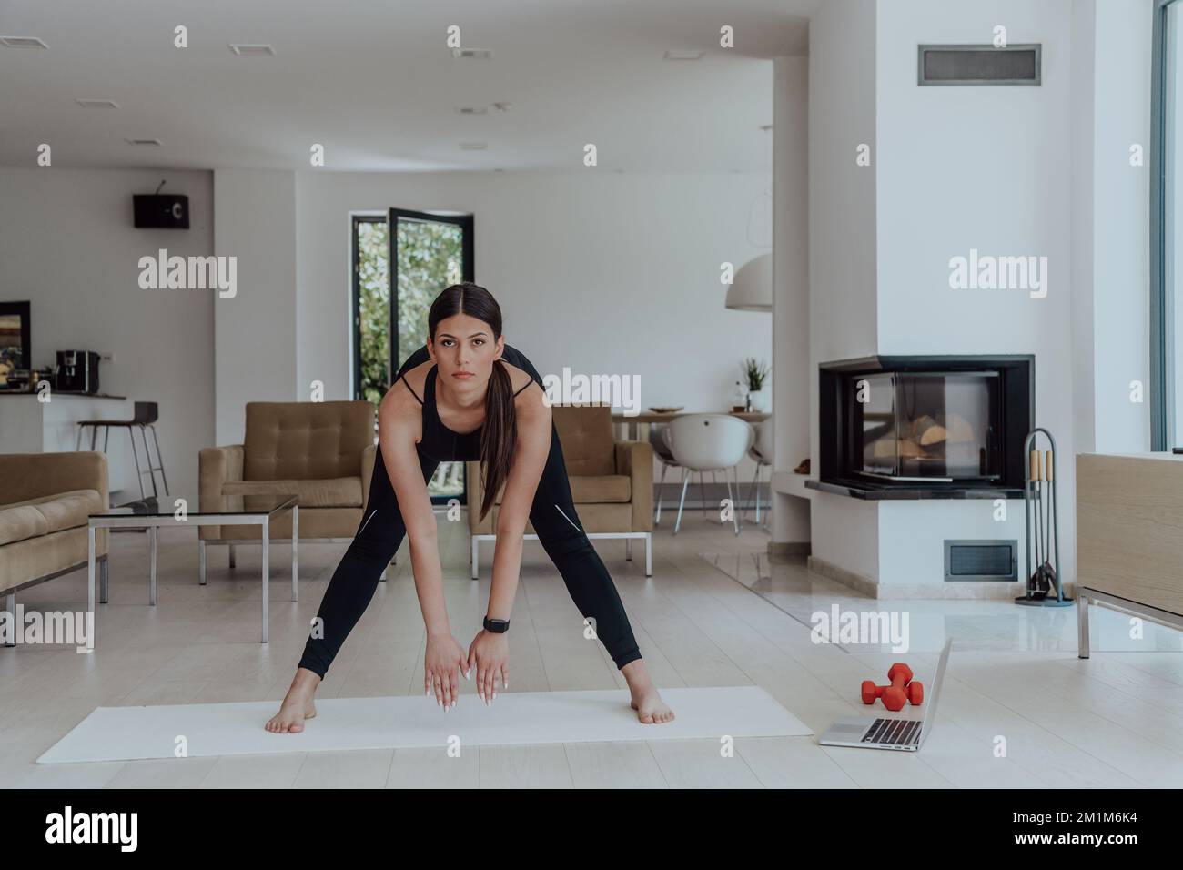 Young Beautiful Female Exercising, Stretching and Practising Yoga with ...