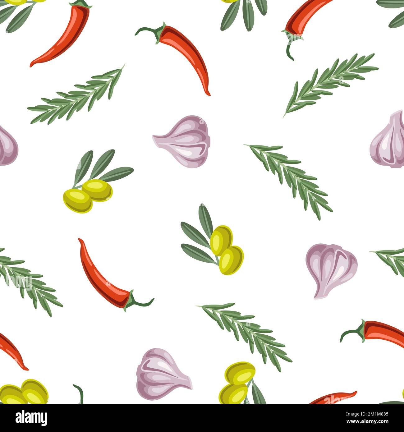 Seamless pattern with rosemary and chili pepper, olive branch and ...