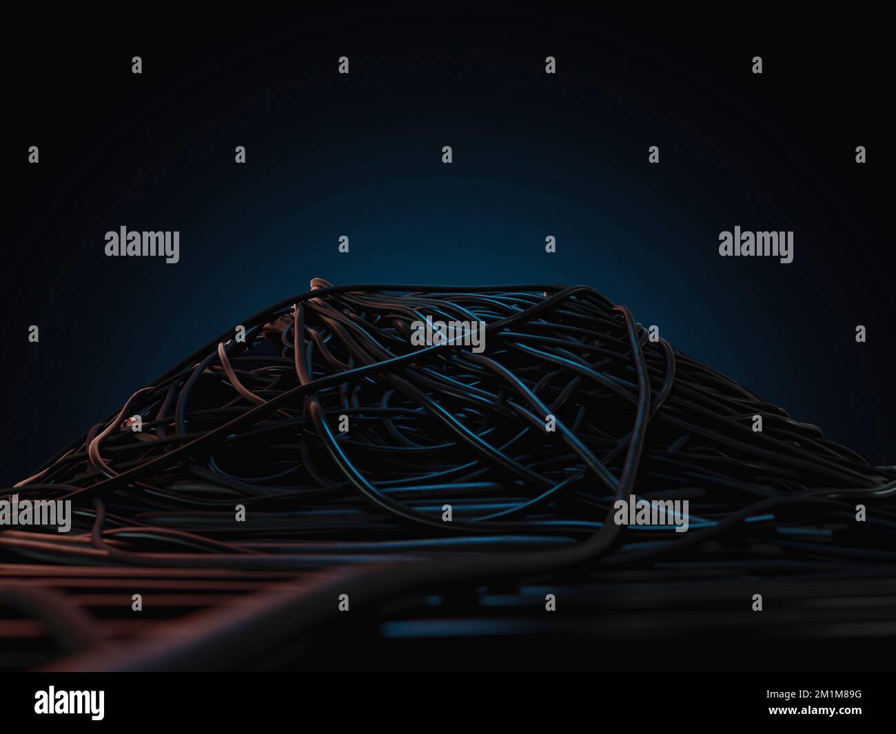 A jumbled huge pile of black electrical cables creating a stage on a ...