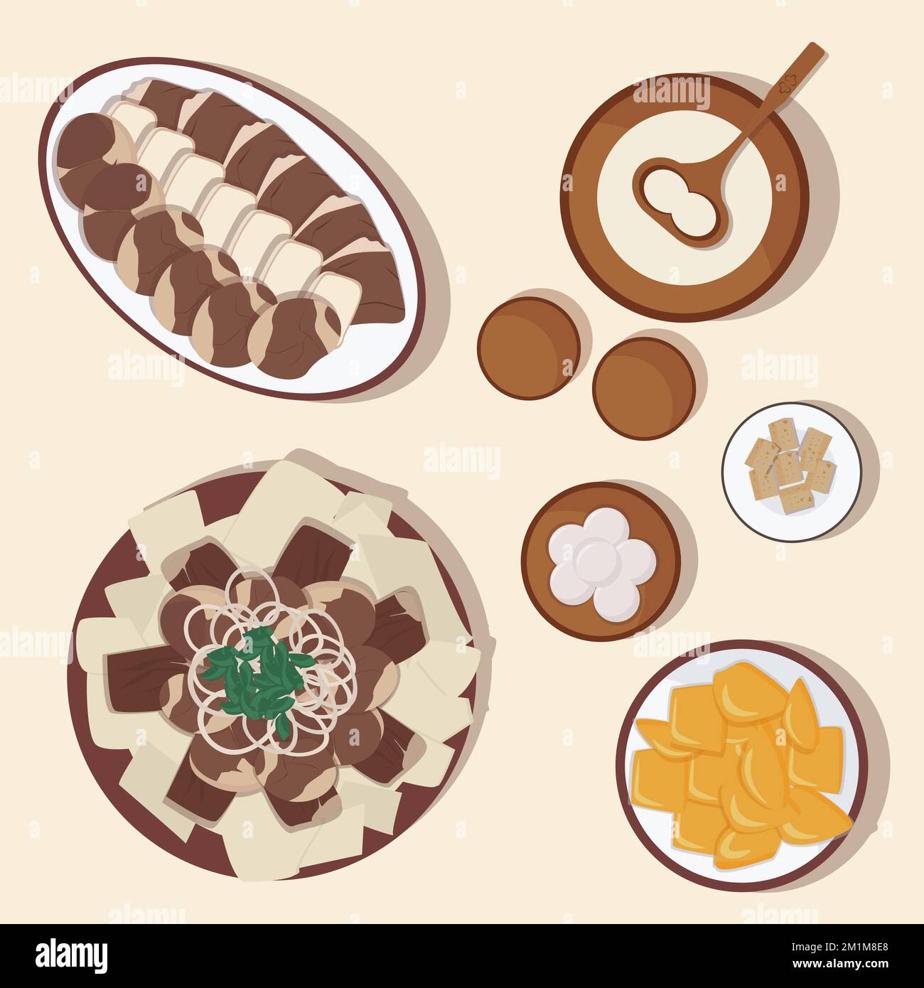 Vector set of national kazakh cuisine, dishes. Beshbarmak, baursak and ...
