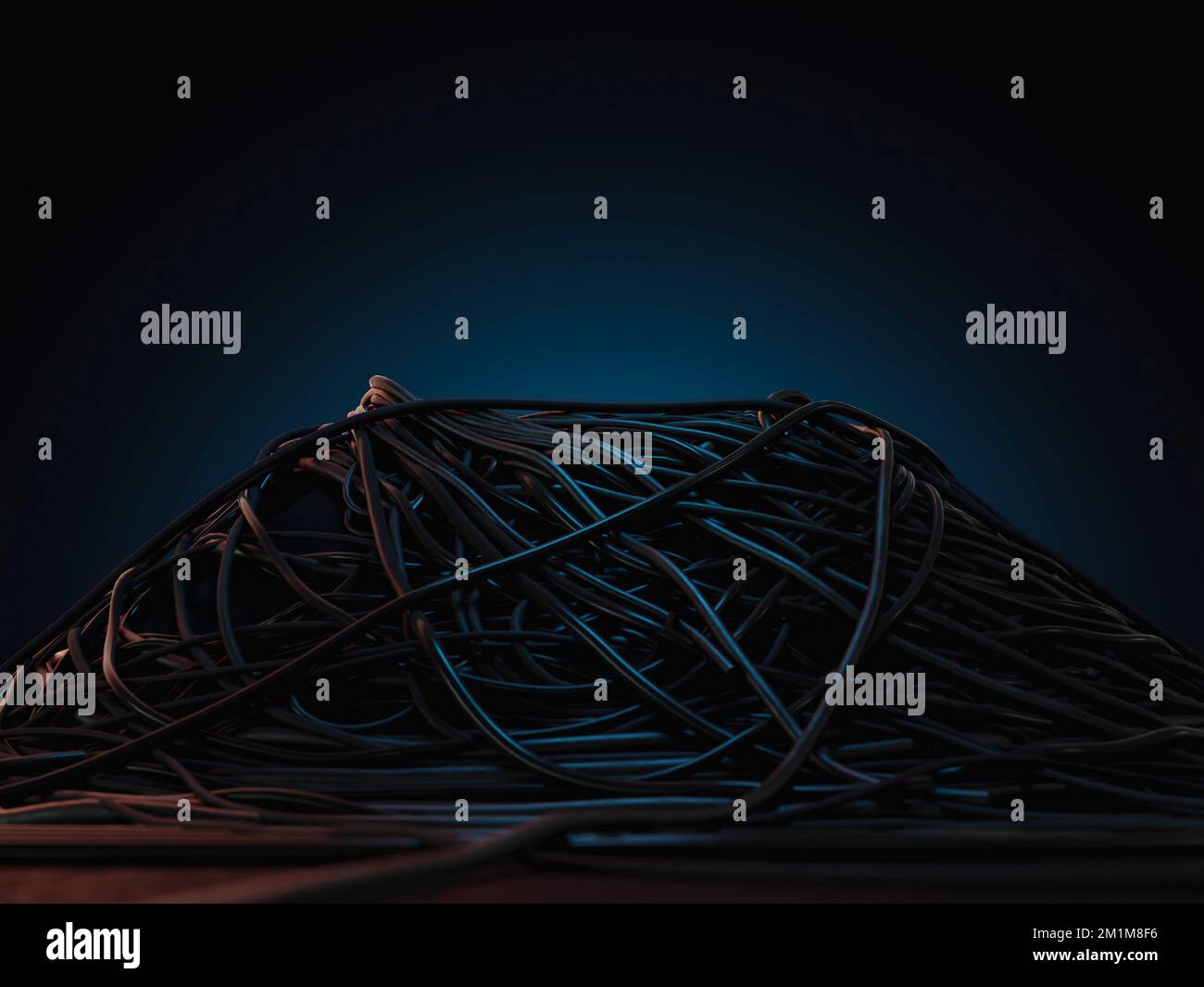 A jumbled huge pile of black electrical cables creating a stage on a ...