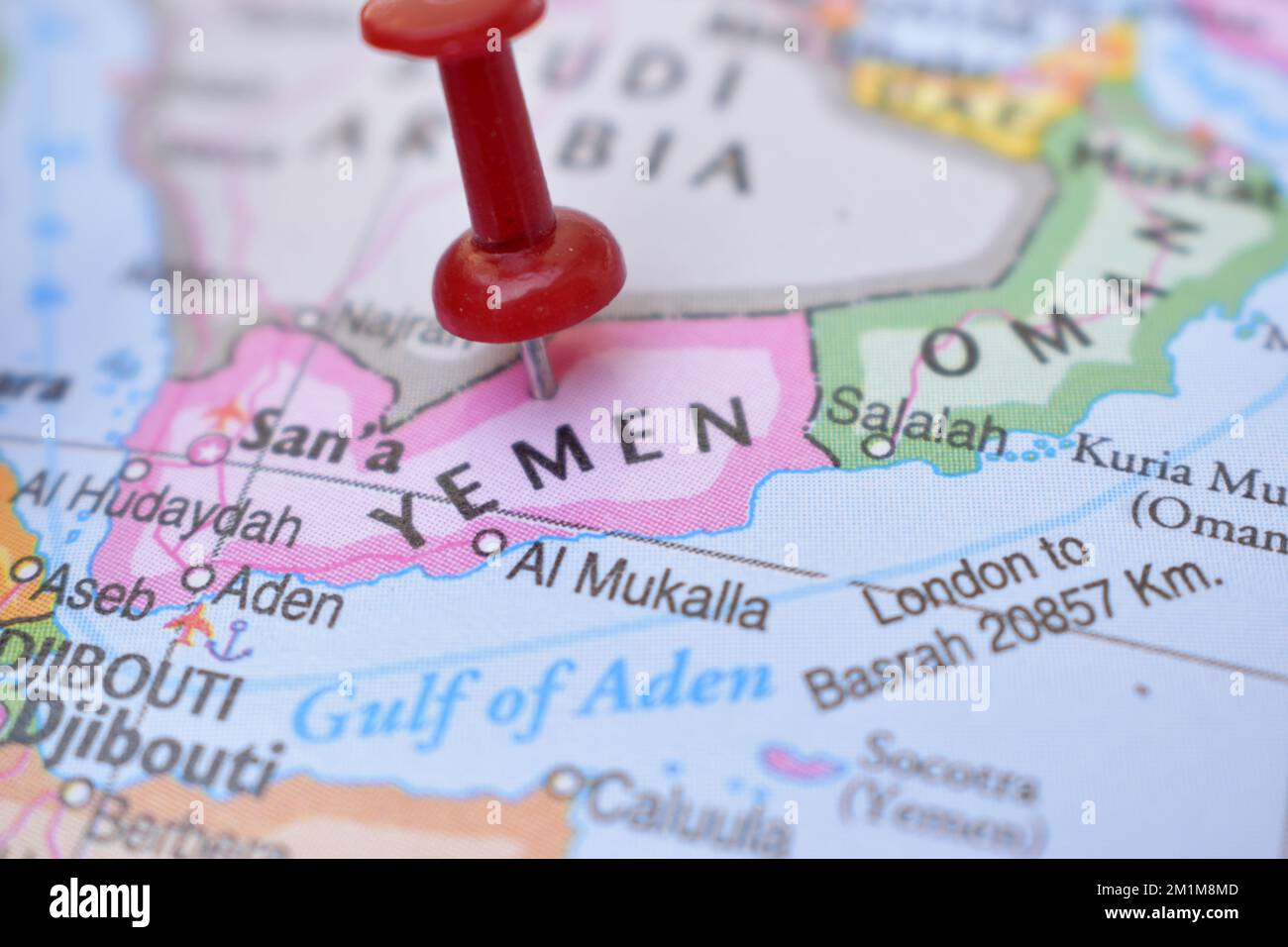 Red Push Pin Pointing on Location of Yemen World Map Close-Up View ...