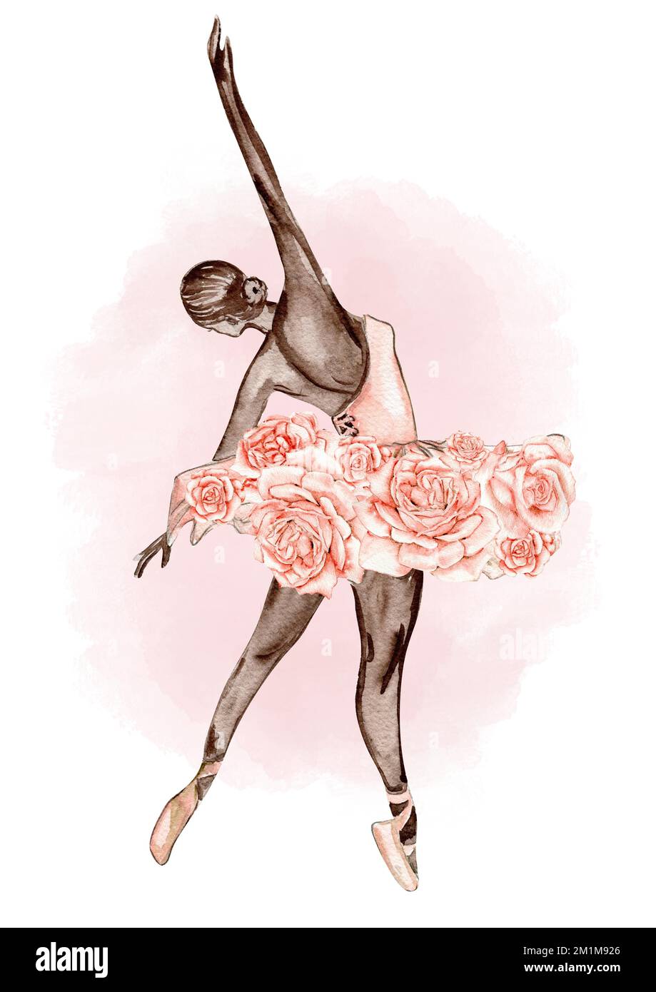 Watercolor dancing ballerina with dark skin. Pink pretty ballerina ...
