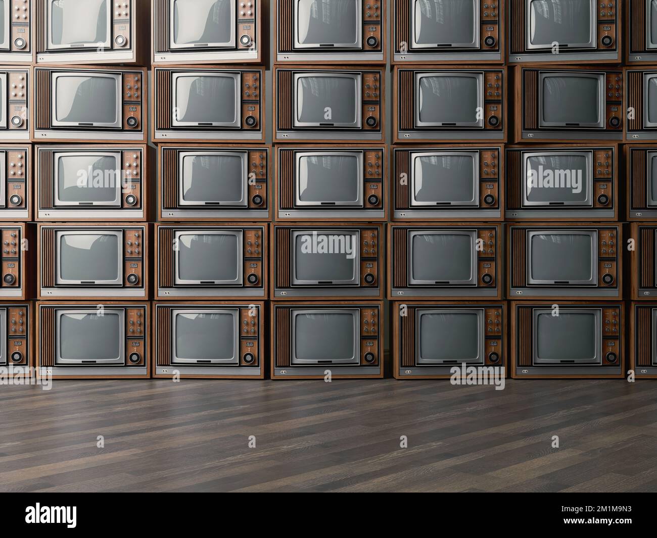 A stacked wall of old vintage tube televisions with wood trim and chrome dials and knobs - 3D ...