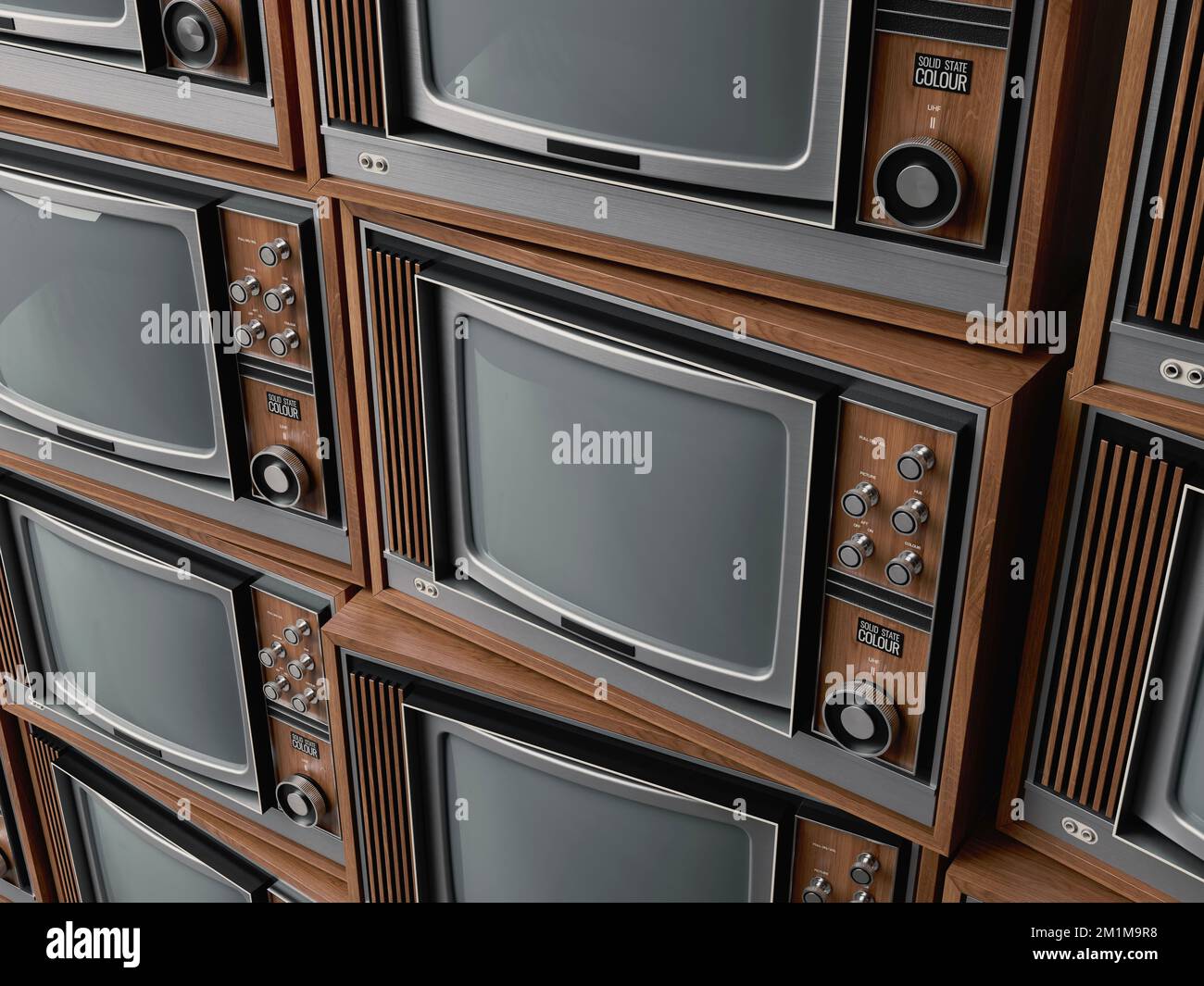 A stacked wall of old vintage tube televisions with wood trim and chrome dials and knobs - 3D ...