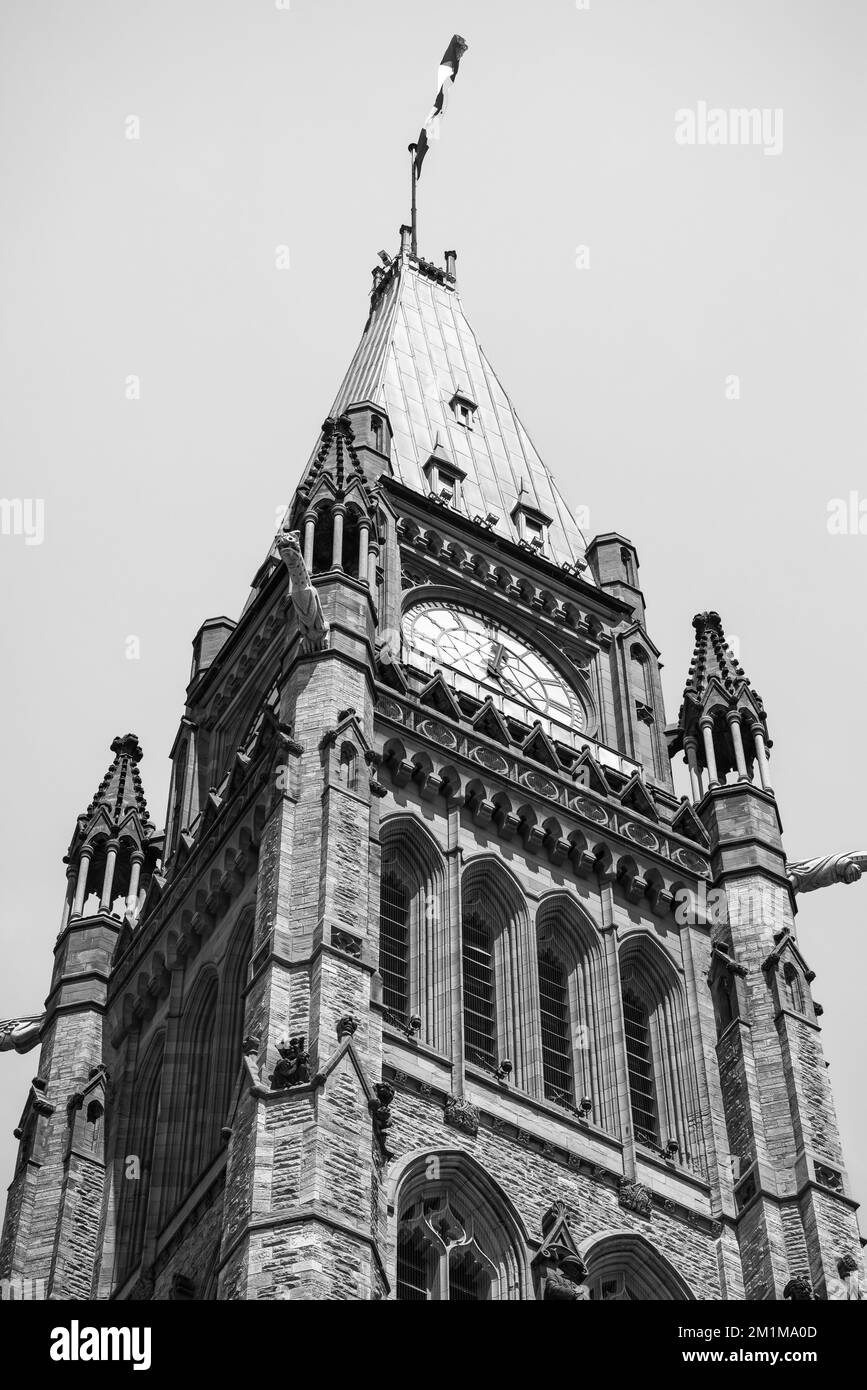 A black and white photo at the peace tower of the parliament buildings ...