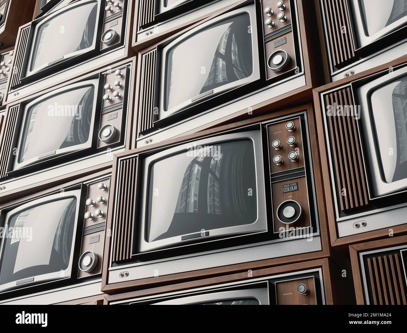 A stacked wall of old vintage tube televisions with wood trim and ...