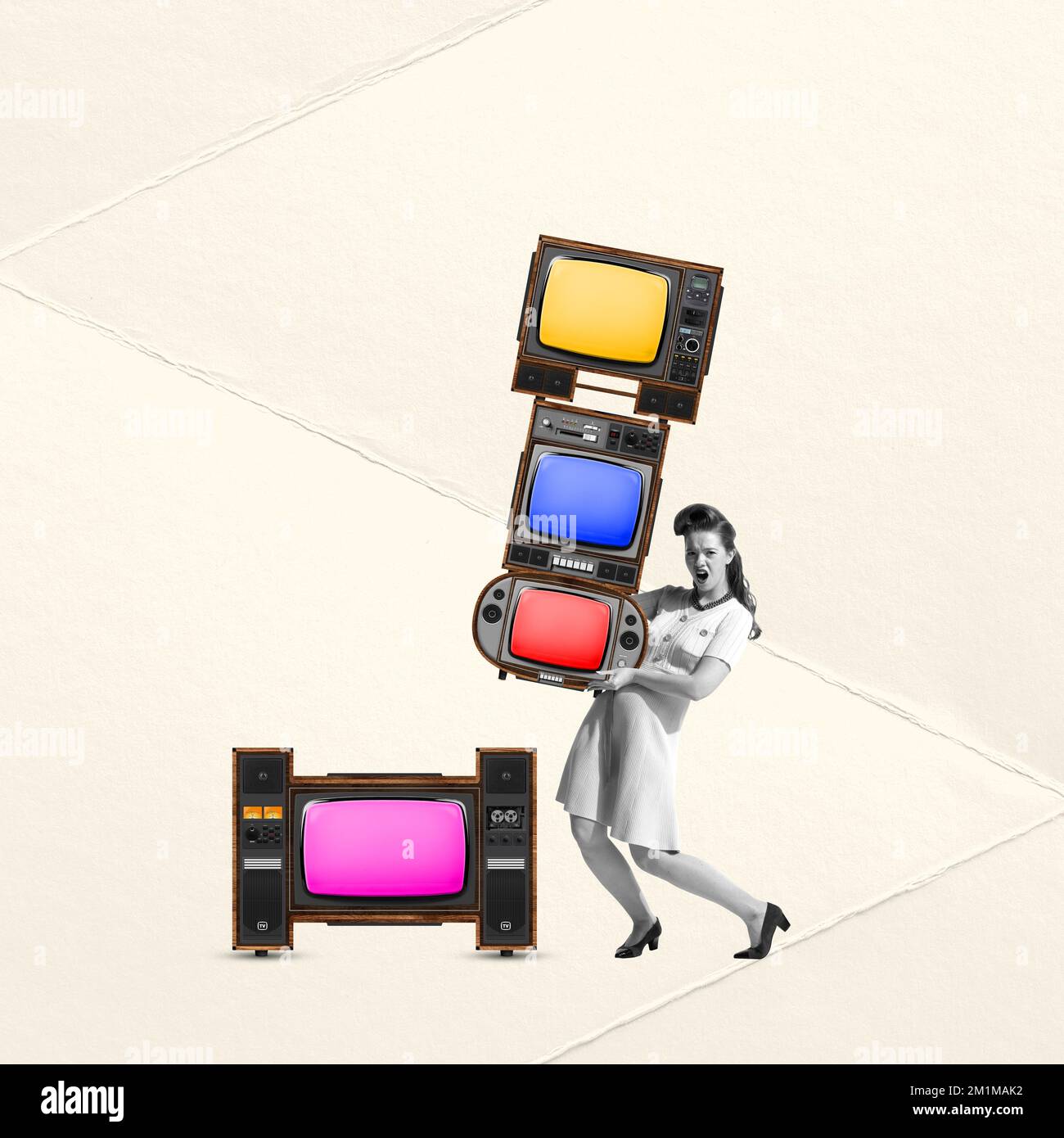 Contemporary Art Collage Stylish Young Woman Carrying Many Retro Tv Sets Over Light Background