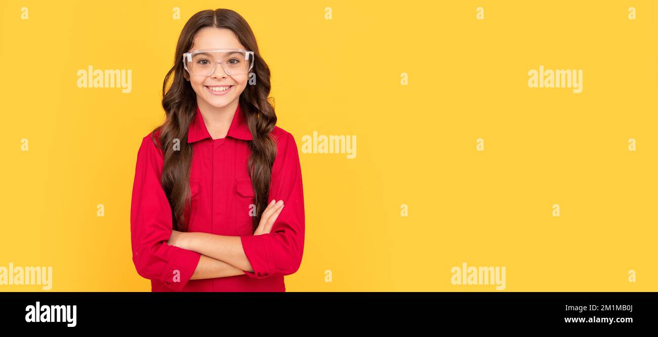 nice smile. eye protection. smiling kid wear protective glasses. happy ...