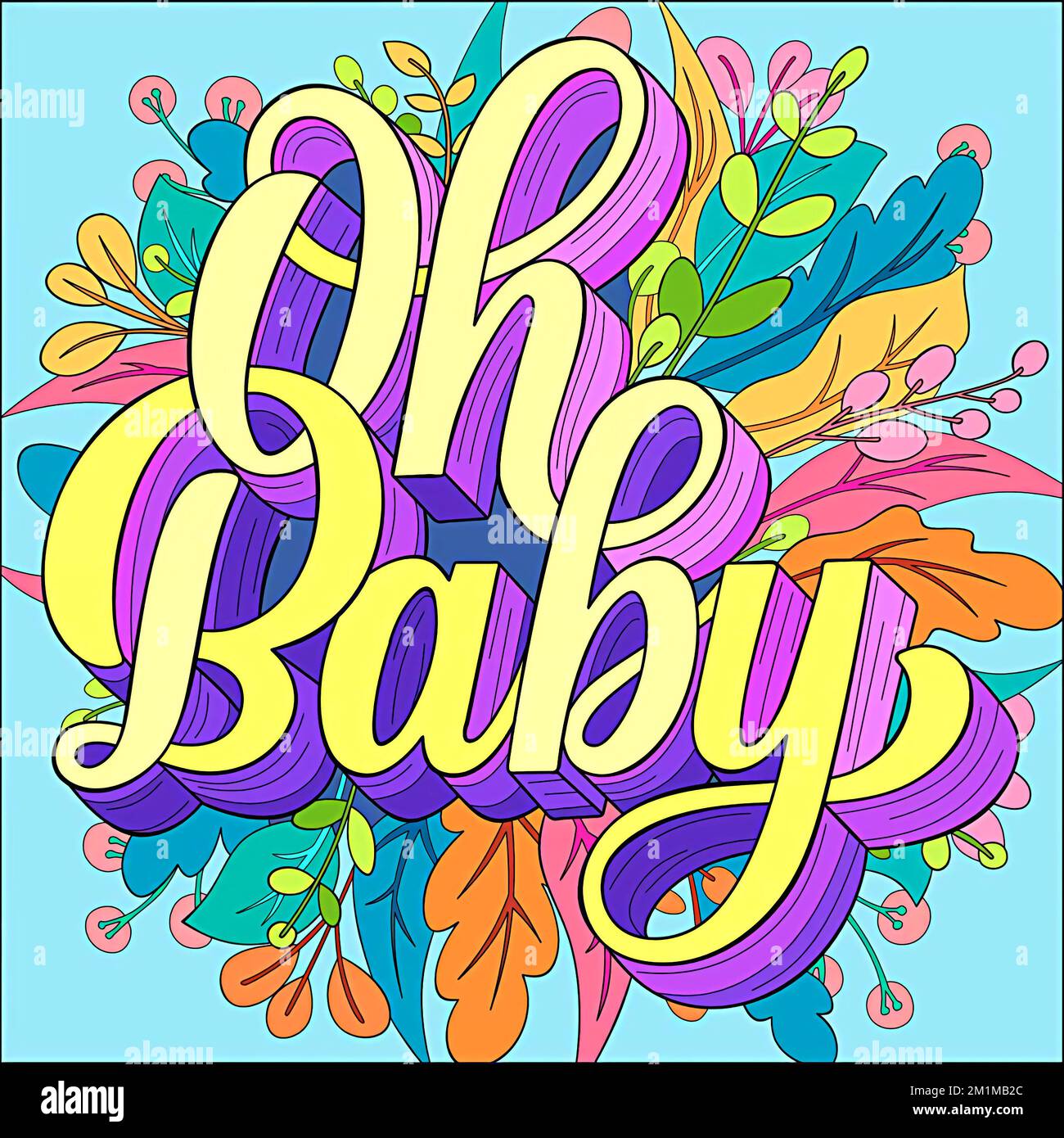illustration of "oh baby" lettering and leaves Stock Photo - Alamy