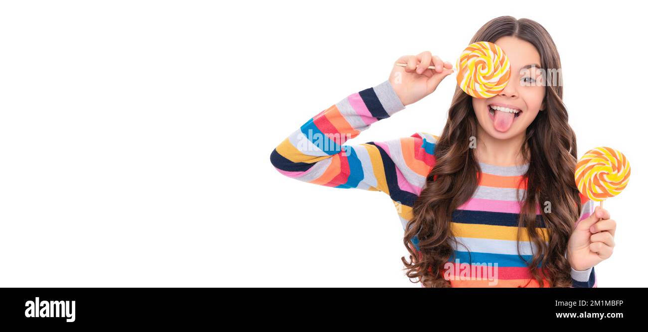 making faces. happy girl hold lollipop isolated on white. lollipop ...
