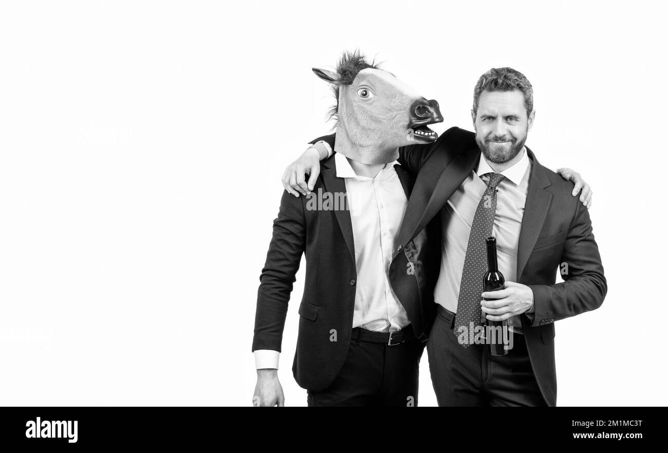 Coworkers celebrate staff costume party isolated on white copy space ...